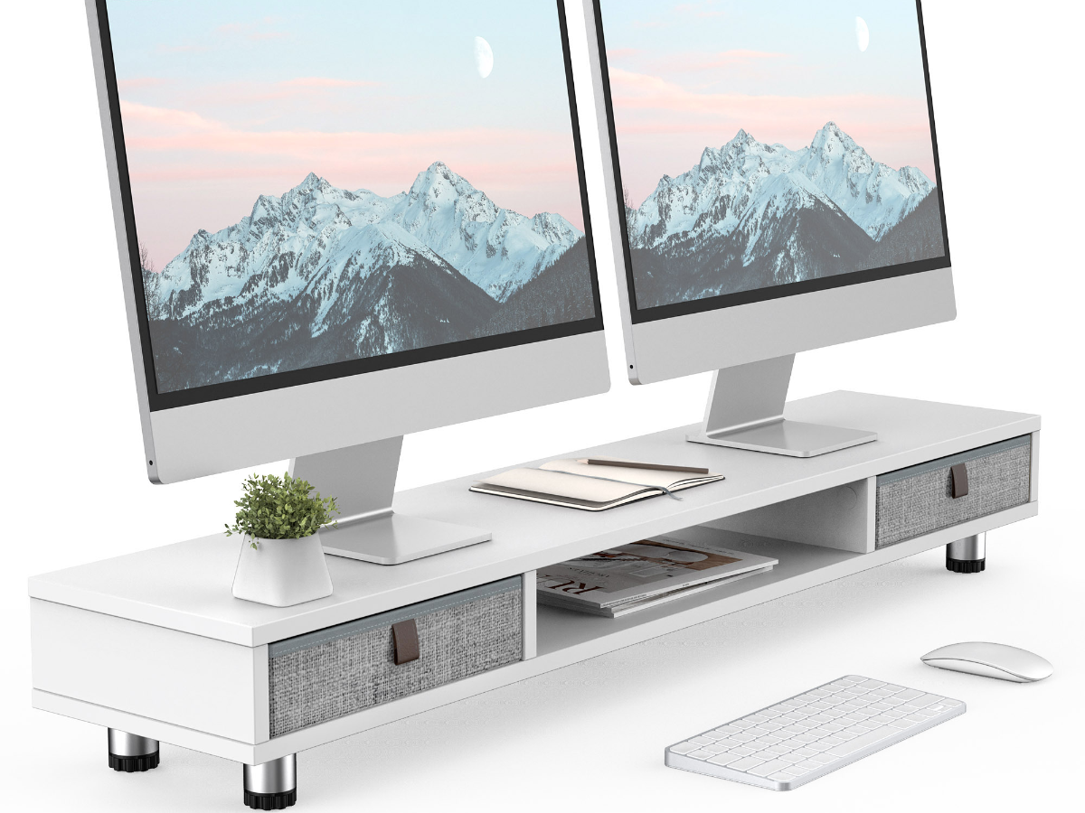 FENGE Monitor Stand, Dual Monitor Stand with 2 Drawers