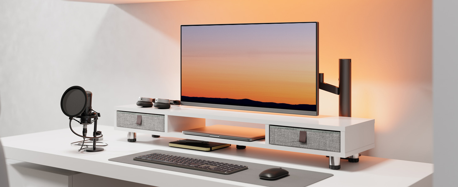 Fenge Monitor Stand, Dual Monitor Stand with 2 Drawers