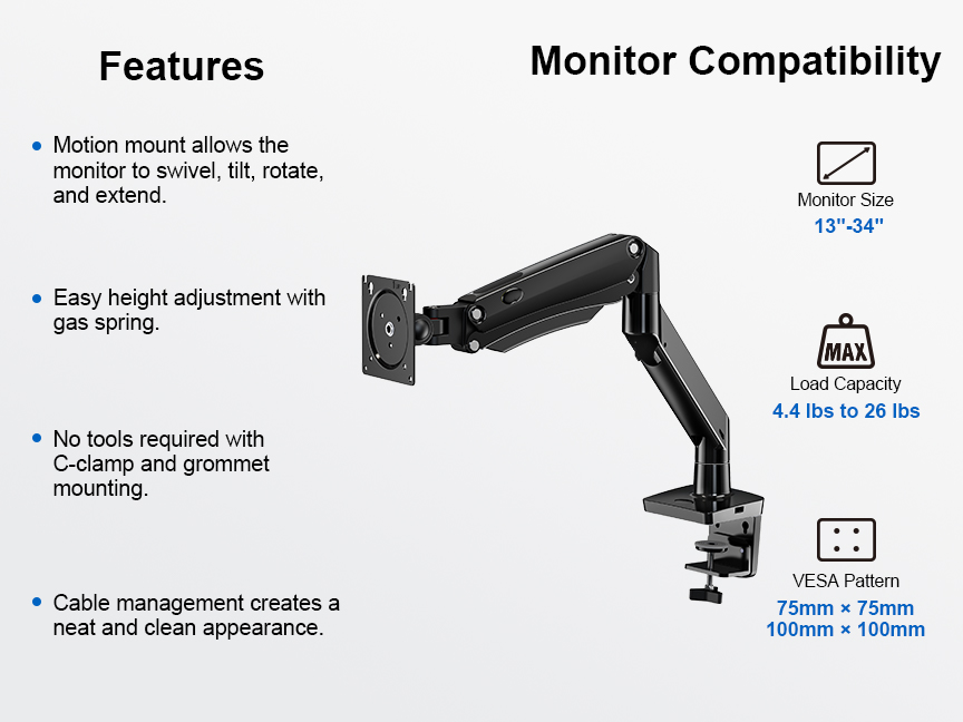 Gas Spring Desk Mount for Single Monitor 13" to 34"