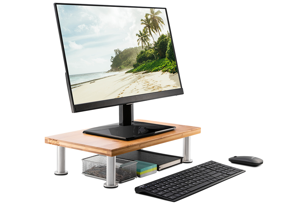 The Office Oasis Bamboo Computer Monitor Stand - Black/Brown/Natural