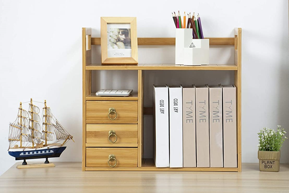 Maydear Bamboo Desktop Bookshelf with 3 drawers: Double Layer