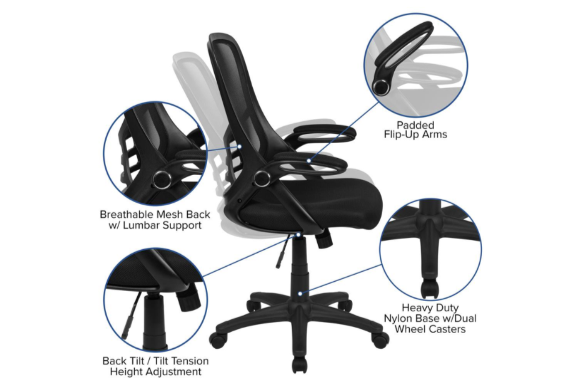 High Back Office Chair with Black Frame and Flip-up Arms