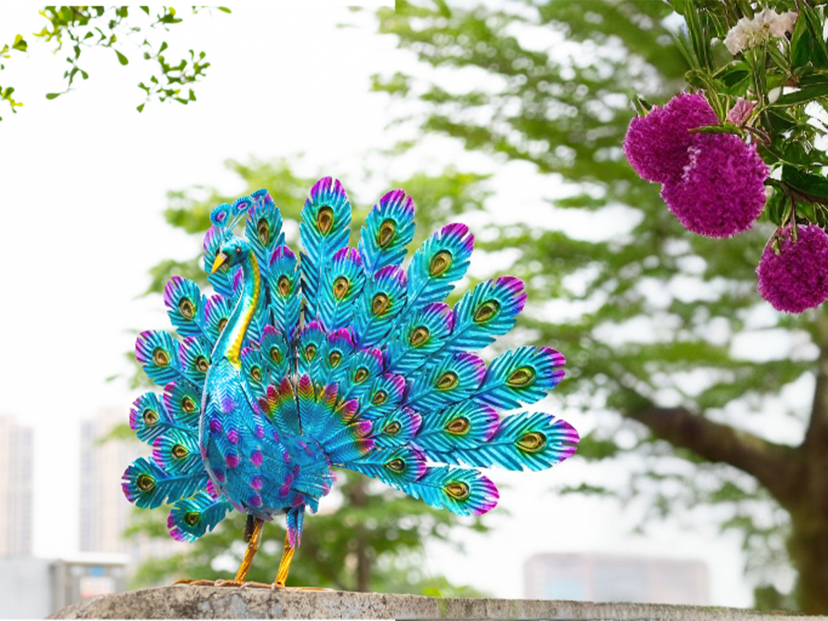 Alpine Metal Peacock Outdoor Statue - Colorful Garden Decor